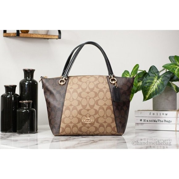 Coach | Bags | New Coach C6838 Kacey Top Zip Satchel Khaki Brown Blocked Signature Canvas Bag ...